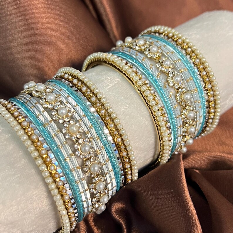 Blue Gold Daisy Small Bangle Set for Both Arms Traditional Bollywood ...