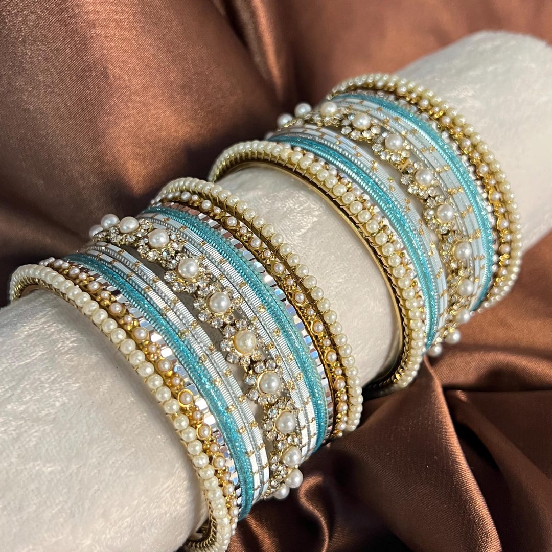 Blue Gold Daisy Small Bangle Set for Both Arms Traditional Bollywood ...