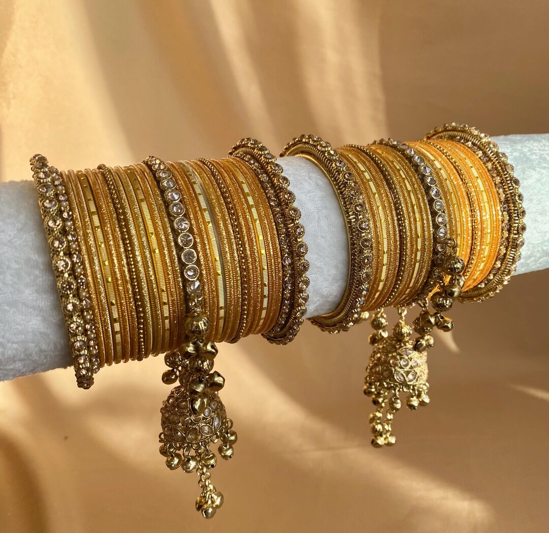Midi Golden Jhumka Bangle Set - Both Arms 2.6/ Bridal Green Bangle Set ...