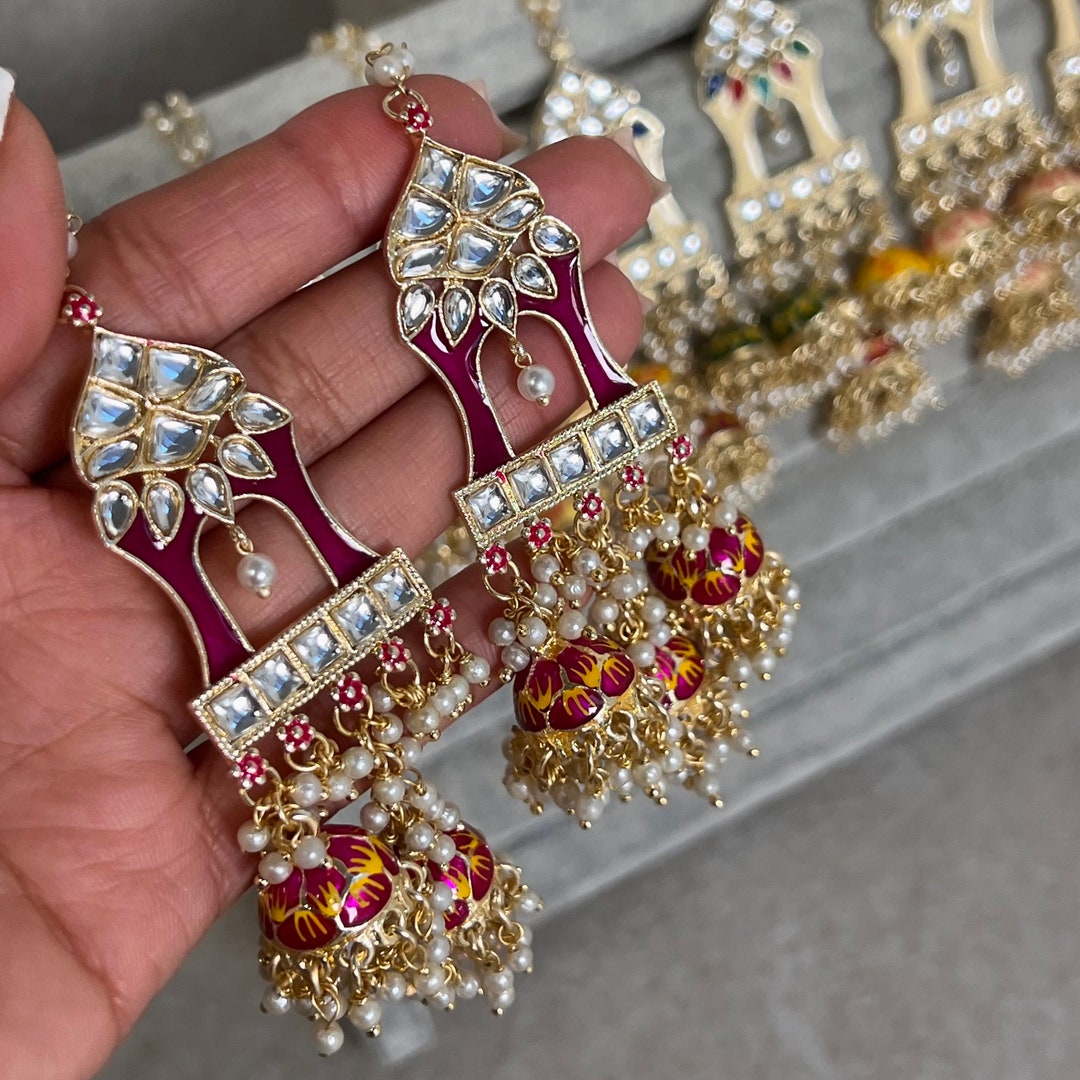 Maroon and Yellow Meenakari Hand Painted 3 Jhumka Earring / Indian ...