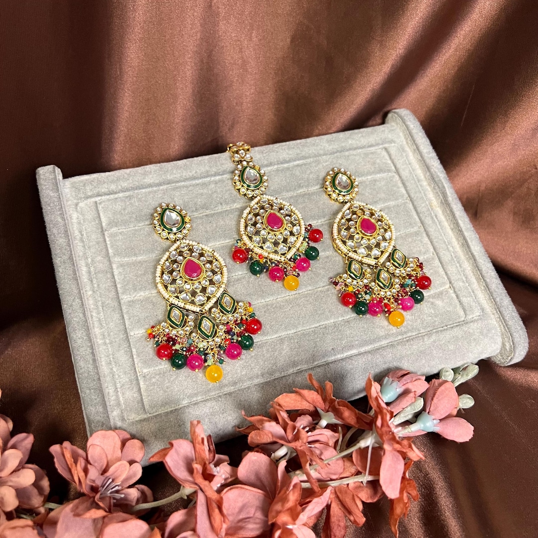 Bright Gold Ruby Multicoloured Faux Kundan Earring Tikka Set Indian ...