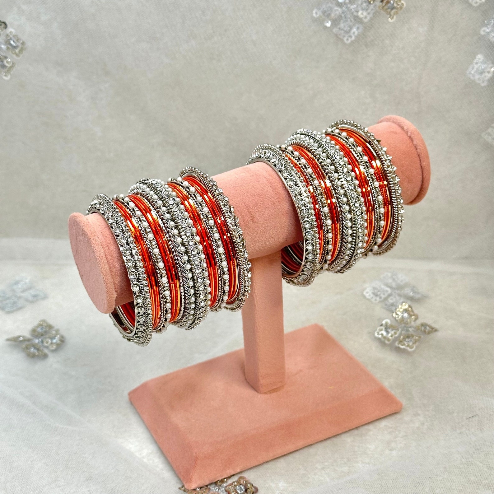 Orange/silver Bangle Set/indian/ Pakistani/jewelley/ Fashion Bracelet ...