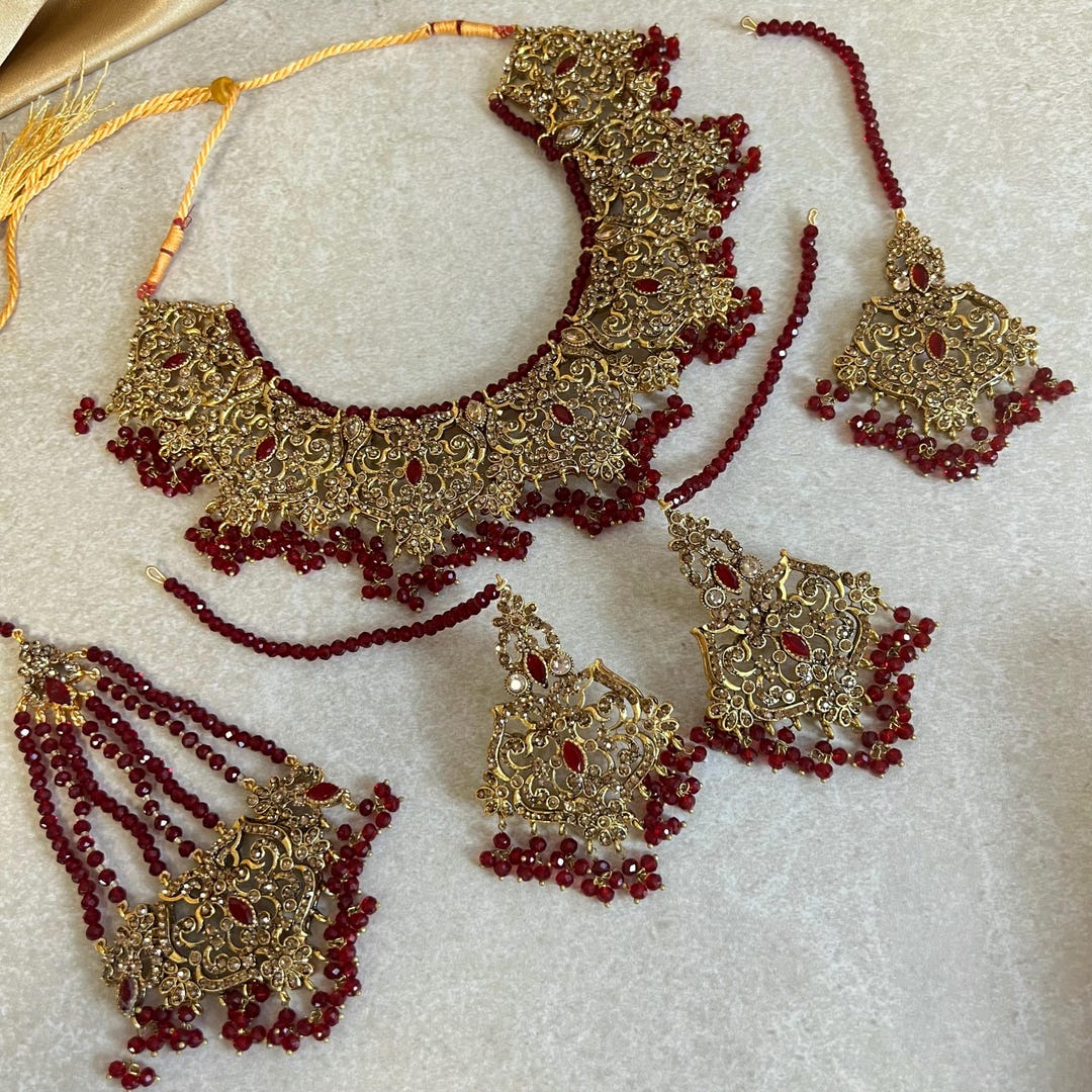 Maroon Bridal Necklace Set Indian/ Pakistani Style/ Wedding/ Fashion ...