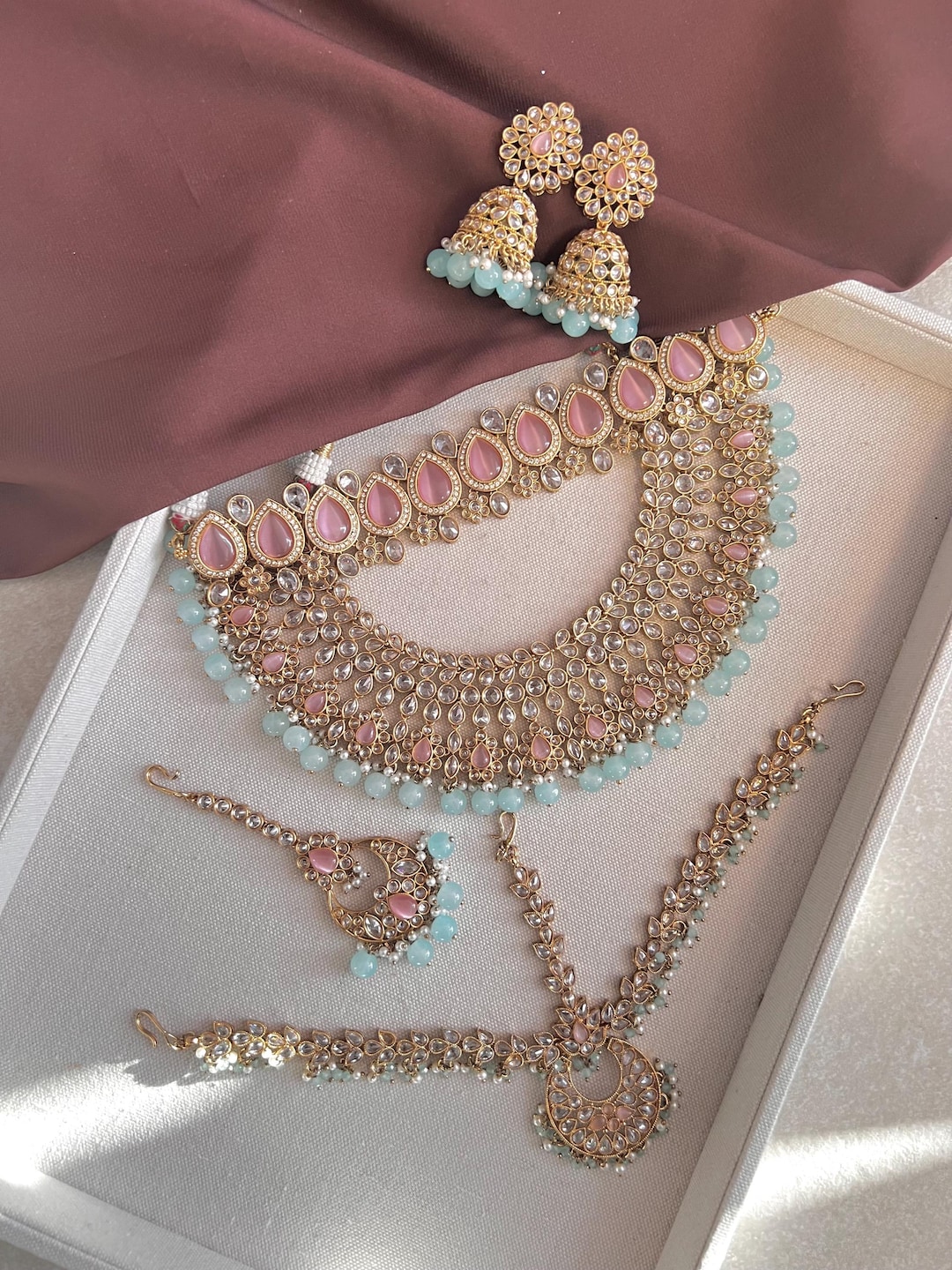 Pink Blue Pastel Clear Light Gold Bridal Set Choker Necklace Earring ...