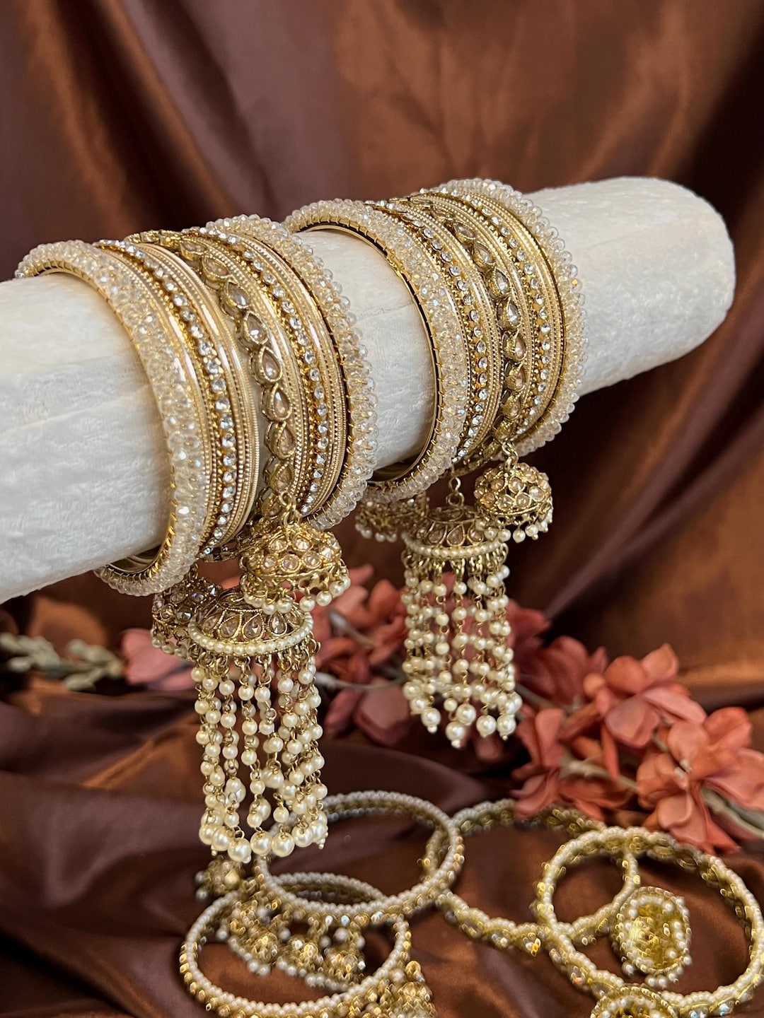 3 Drop Jhumka Bangle Luxury Traditional Crystal Gold Pearl Indian ...