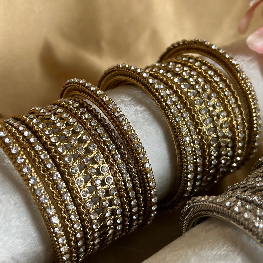 Clear Crystal Bangles for Both Arms - Antique Gold Base With Silver ...