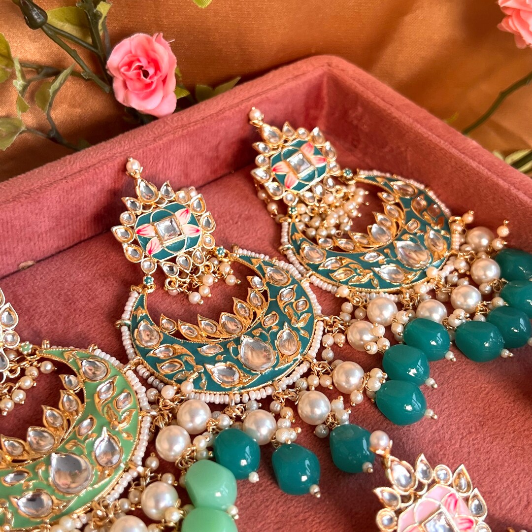Meenakari Turquoise - Hand Painted Kundan Earring Large Indian Style ...