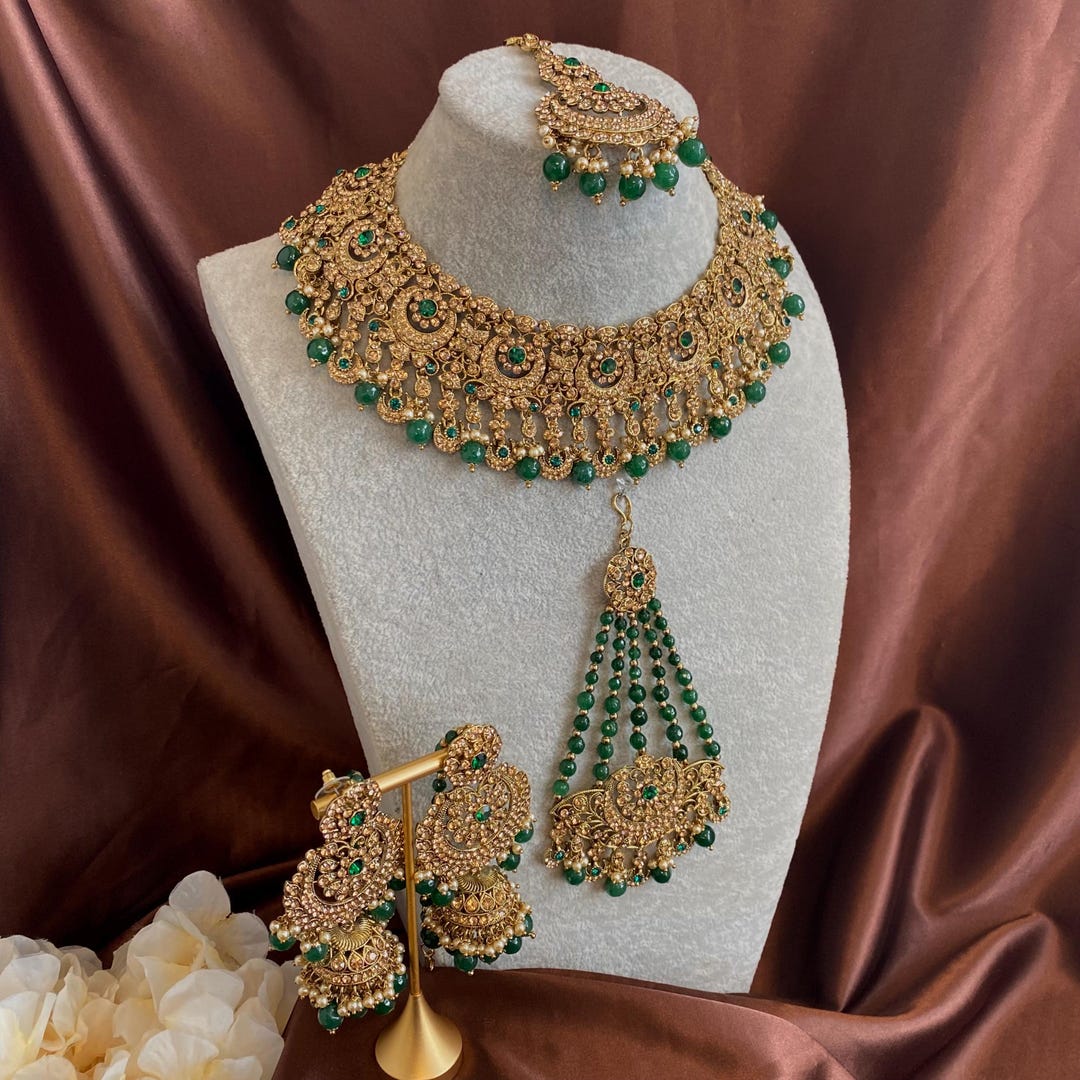 Green Necklace Bridal Set ,antique Gold With Champagne Crystals- Indian ...