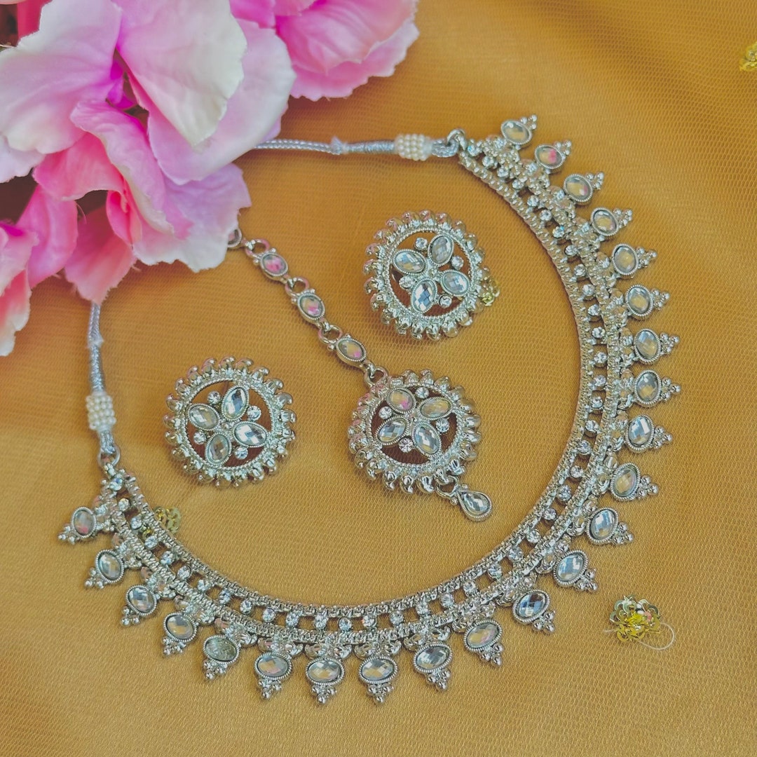 Silver Necklace Set Earring/ Tikka/ Tikli/ Indian/ Pakistani/fashion ...