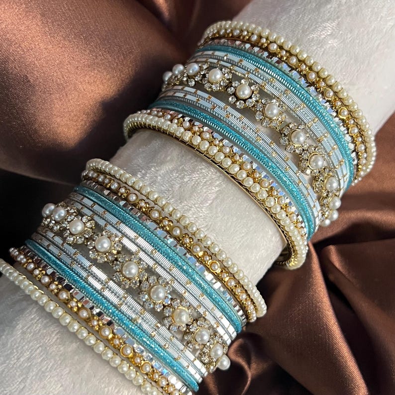 Blue Gold Daisy Small Bangle Set for Both Arms Traditional Bollywood ...