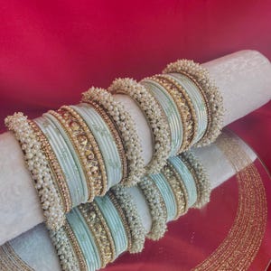 Pale Sage Mint Pearly Bangle Set Both Arms Pearly End Bangles Gold Kada ...