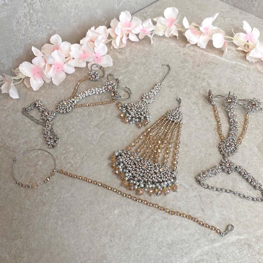 Hijab Bridal Set - Peach (tikka, Jhumar, Hand Harness and Nose Ring ...
