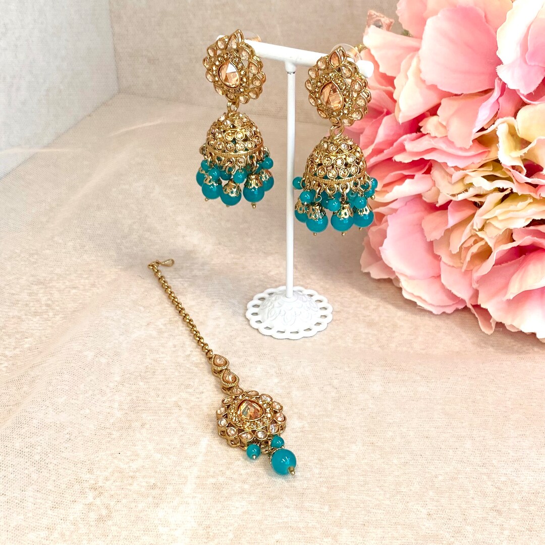 Teal Jhumka and Tikka Set Indian Style Earring/ Pakistani Fashion ...