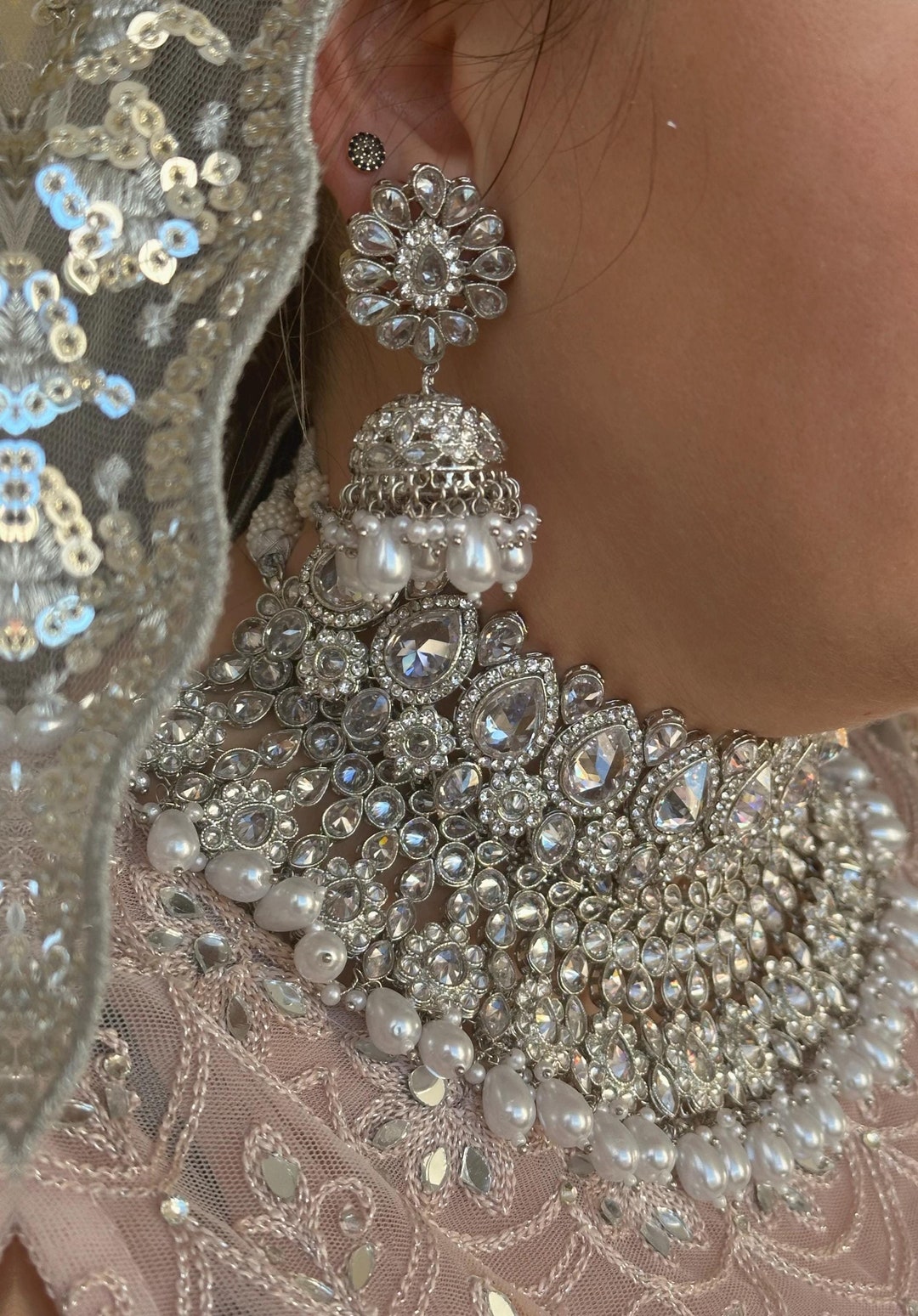 Silver Bridal Set - Pearl Indian/ Pakistani Style With Jhumka Earring ...