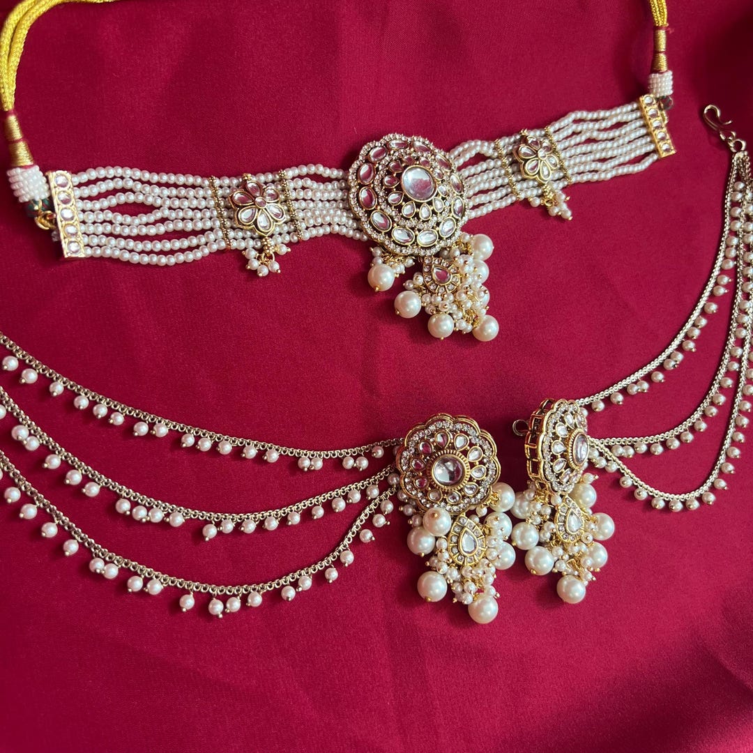Faux Kundan Clear Pearl Choker Set Earring/ Tikka/ Tikli/ Indian ...