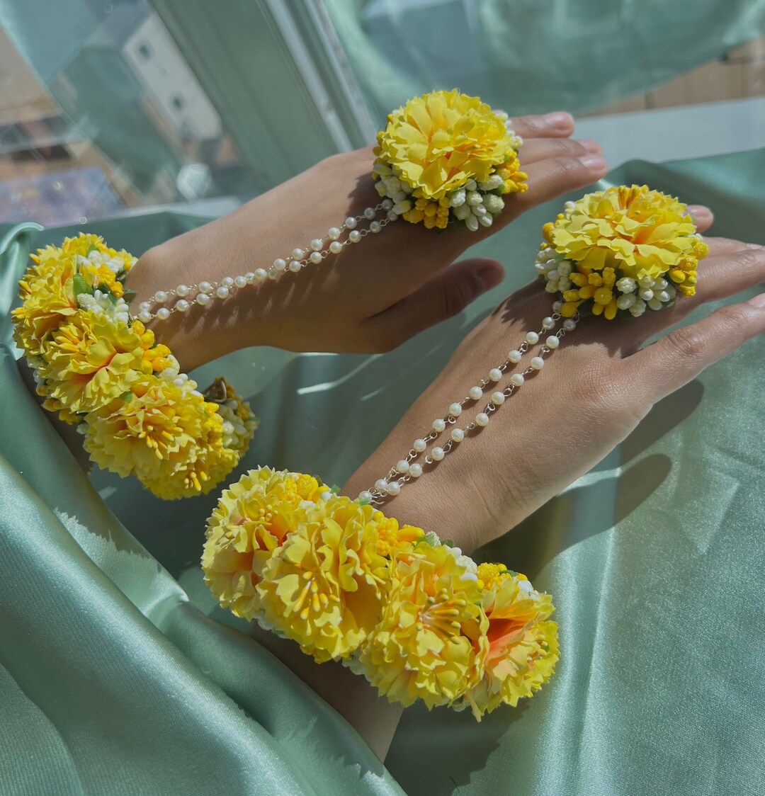 Women Bridal Haldi/mehendi Function Yellow Floral Kaleereh/hathpool - Etsy