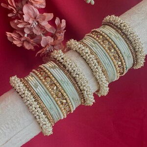Pale Sage Mint Pearly Bangle Set Both Arms Pearly End Bangles Gold Kada ...