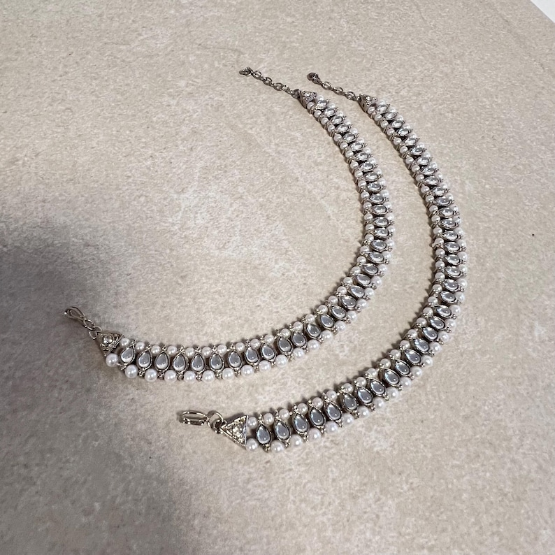 Silver White Pearl Shiny Stone Light Weight Anklets Pair Pakistani ...