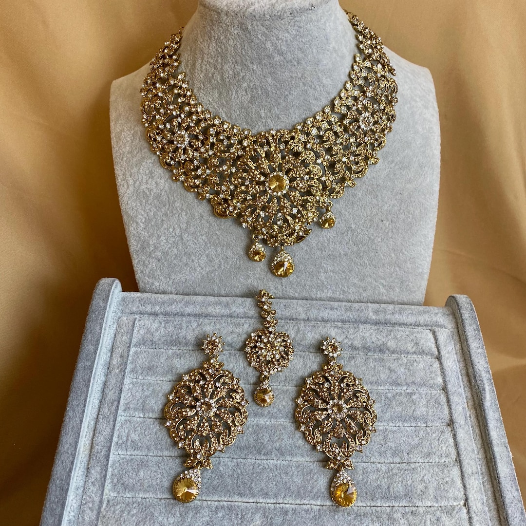 Golden & Clear Crystal Indian Necklace Set/bridal Necklace Set ...