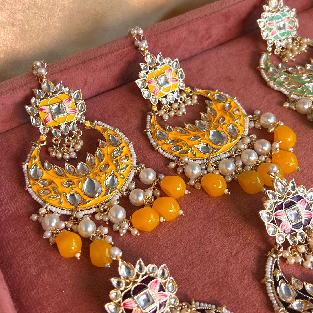 Meenakari/ Indian/ Pakistani Style/ Yellow- Hand Painted Kundan Earring ...