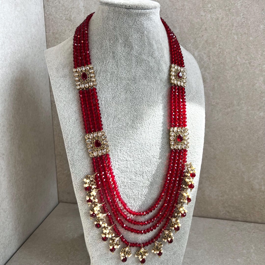 Bridal Maroon Bead Golden Champagne Zircon Long Mala/ Haar Long Necklace Unique Style Indian ...