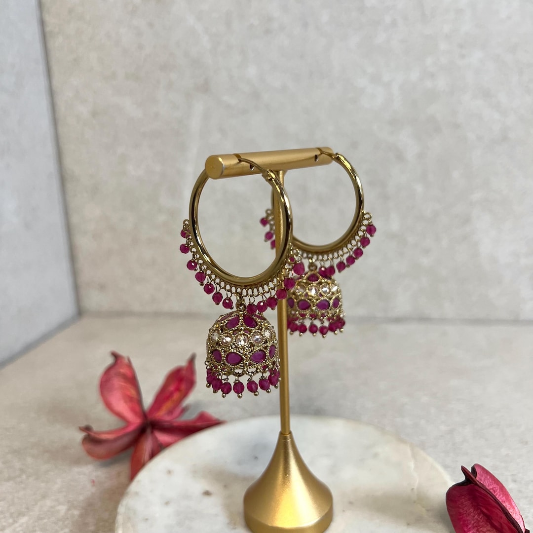 Dark Pink Hoop Jhumka Earrings Antique Gold Light Weight Indian ...