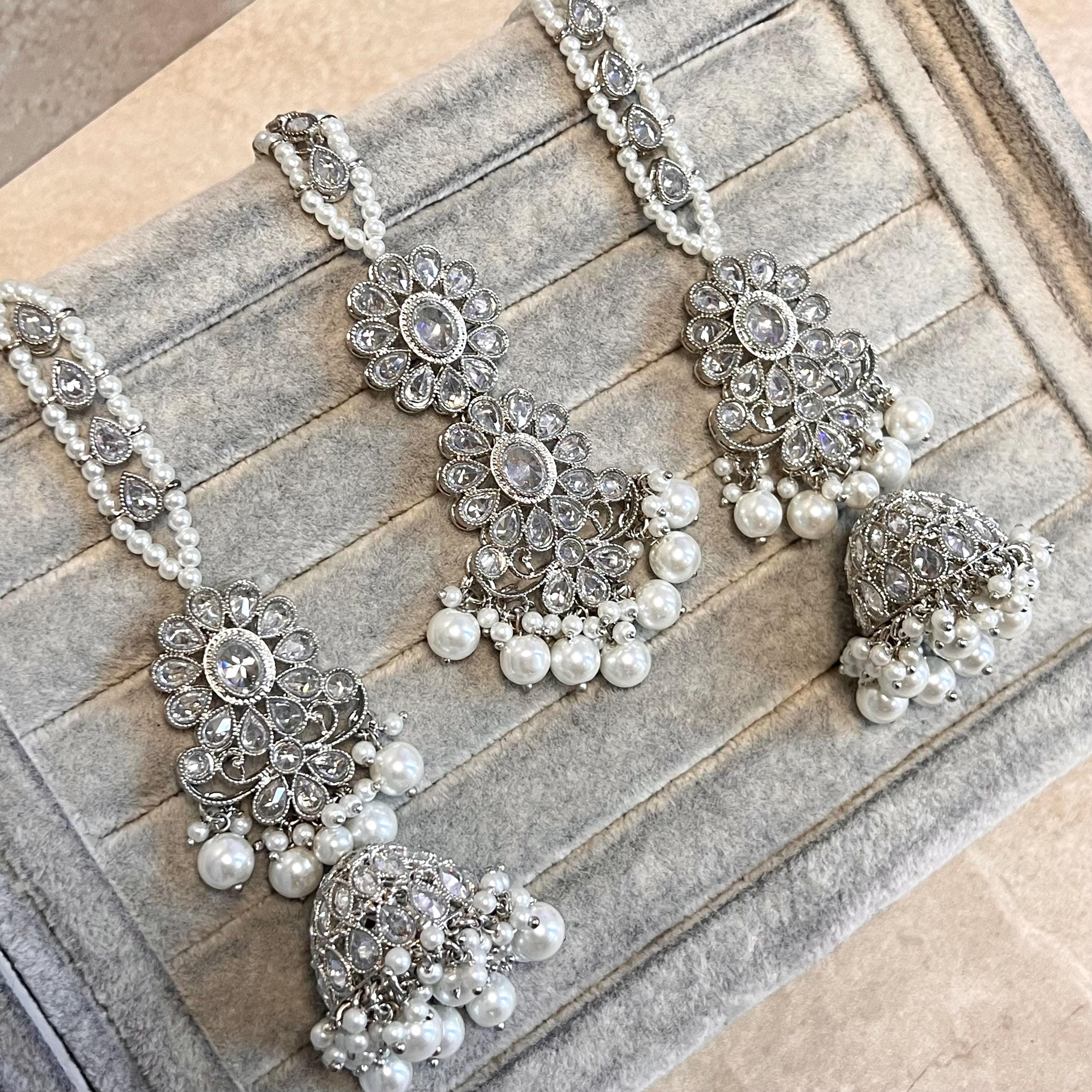 New! Silver Zircon Crystal/ Long Mala/ Haar Long Necklace Earring Tikka ...