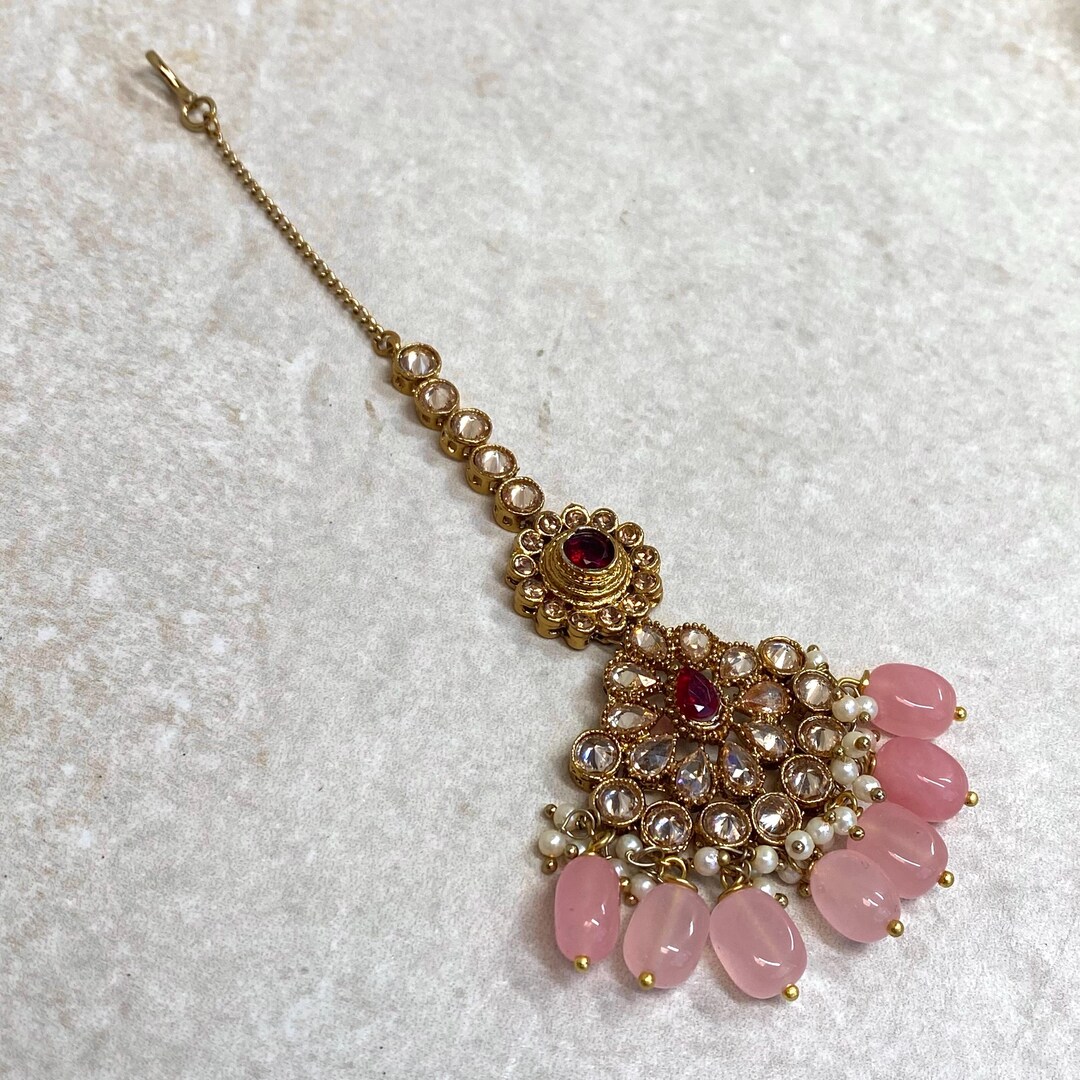 Maroon Pink Antique Gold Champagne Zircon Crystal Maang Tikka Bindya ...
