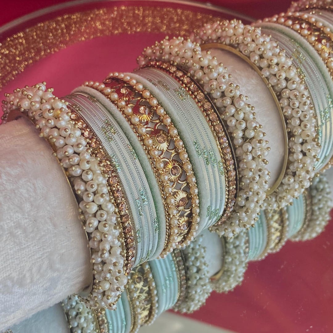 Pale Sage Mint Pearly Bangle Set Both Arms Pearly End Bangles Gold Kada ...