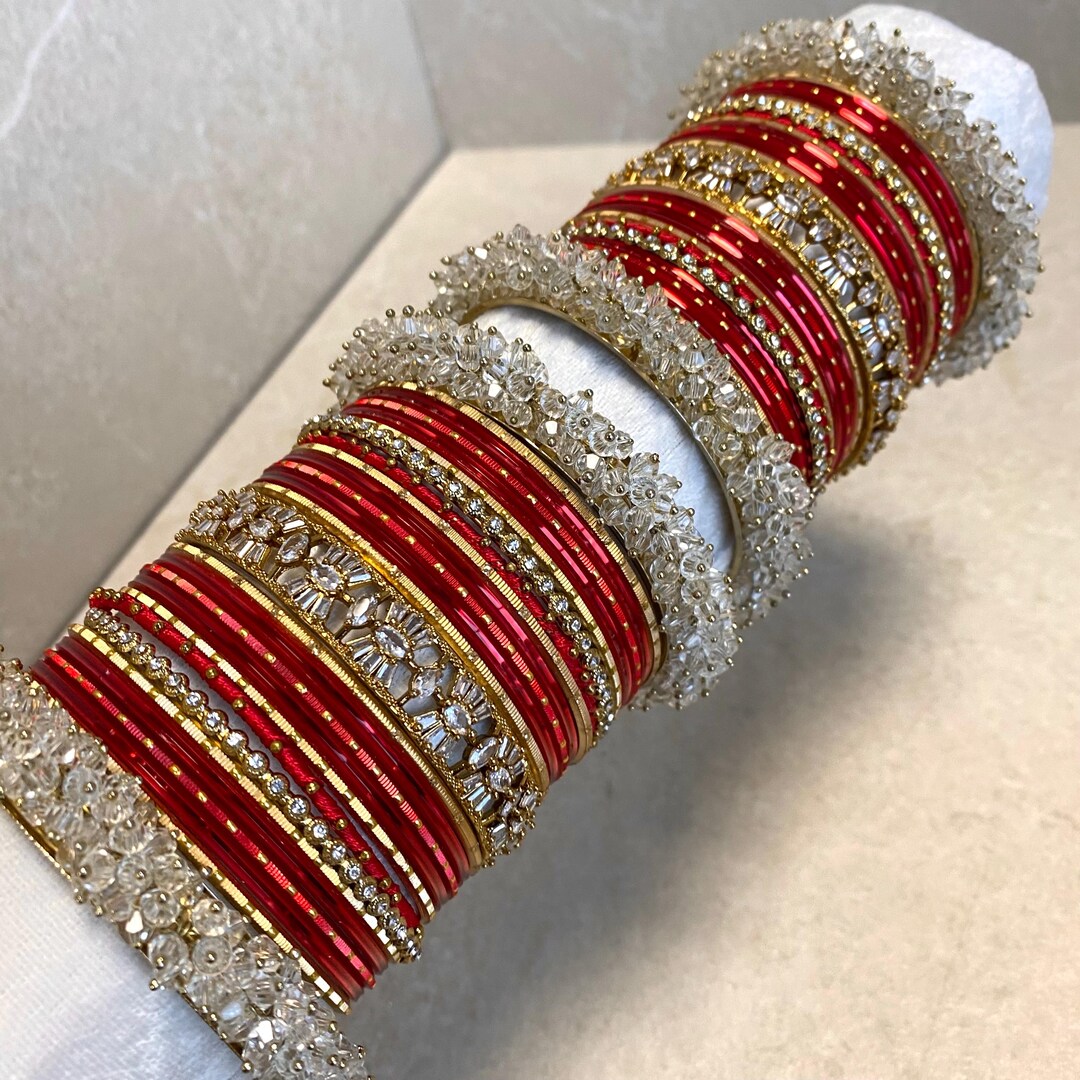 Bridal Bridal Red Gold Bangle Sets in 2.10 Crystal Chooriyan Indian ...