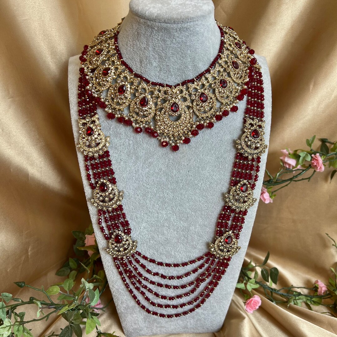 Maroon Necklace and Mala/ Indian/ Pakistani Style/wedding/bridal/haar ...