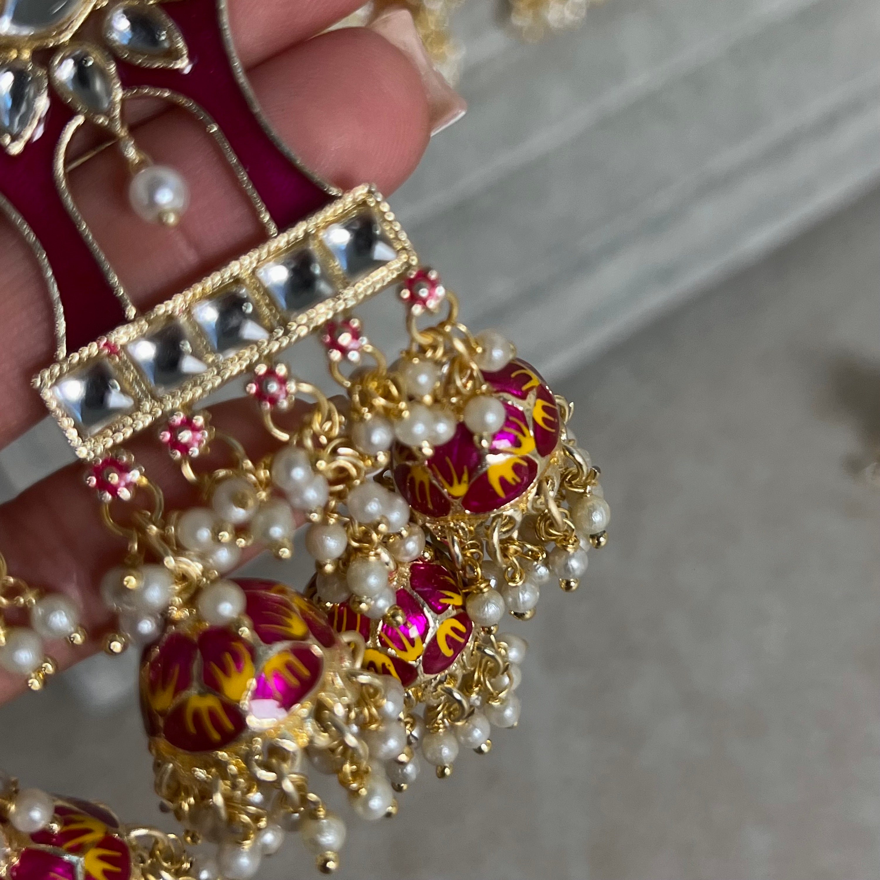 Maroon and Yellow Meenakari Hand Painted 3 Jhumka Earring / Indian ...