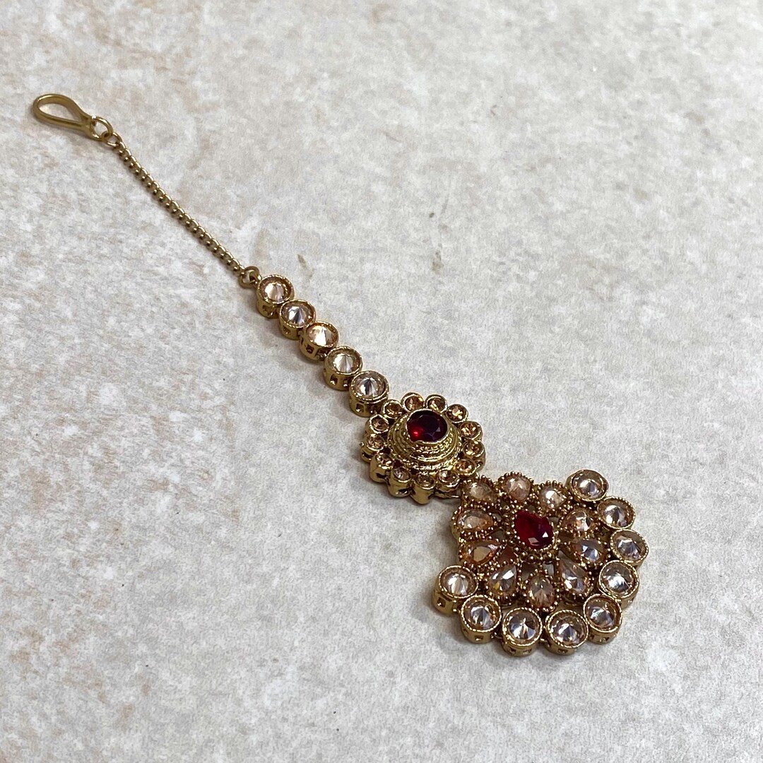 Maroon Antique Gold Champagne Zircon Crystal Pearl Maang Tikka Bindya ...