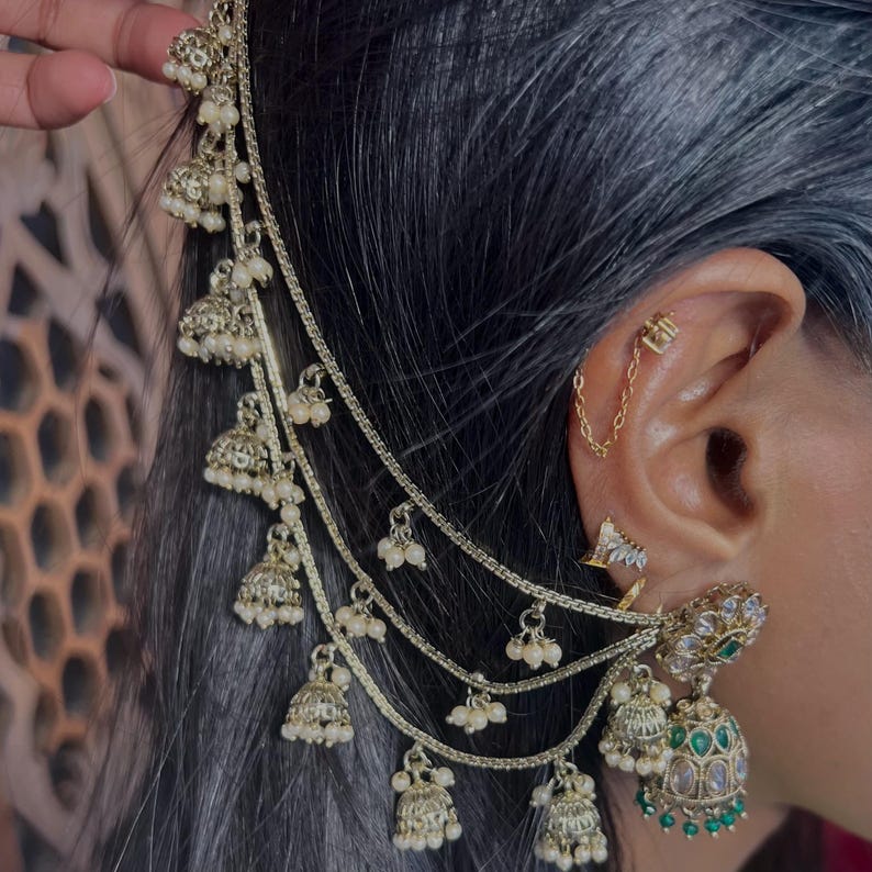 Antique Gold Indian Jhumka 3 Layer Ear Chains (saharey) / Indian Style ...