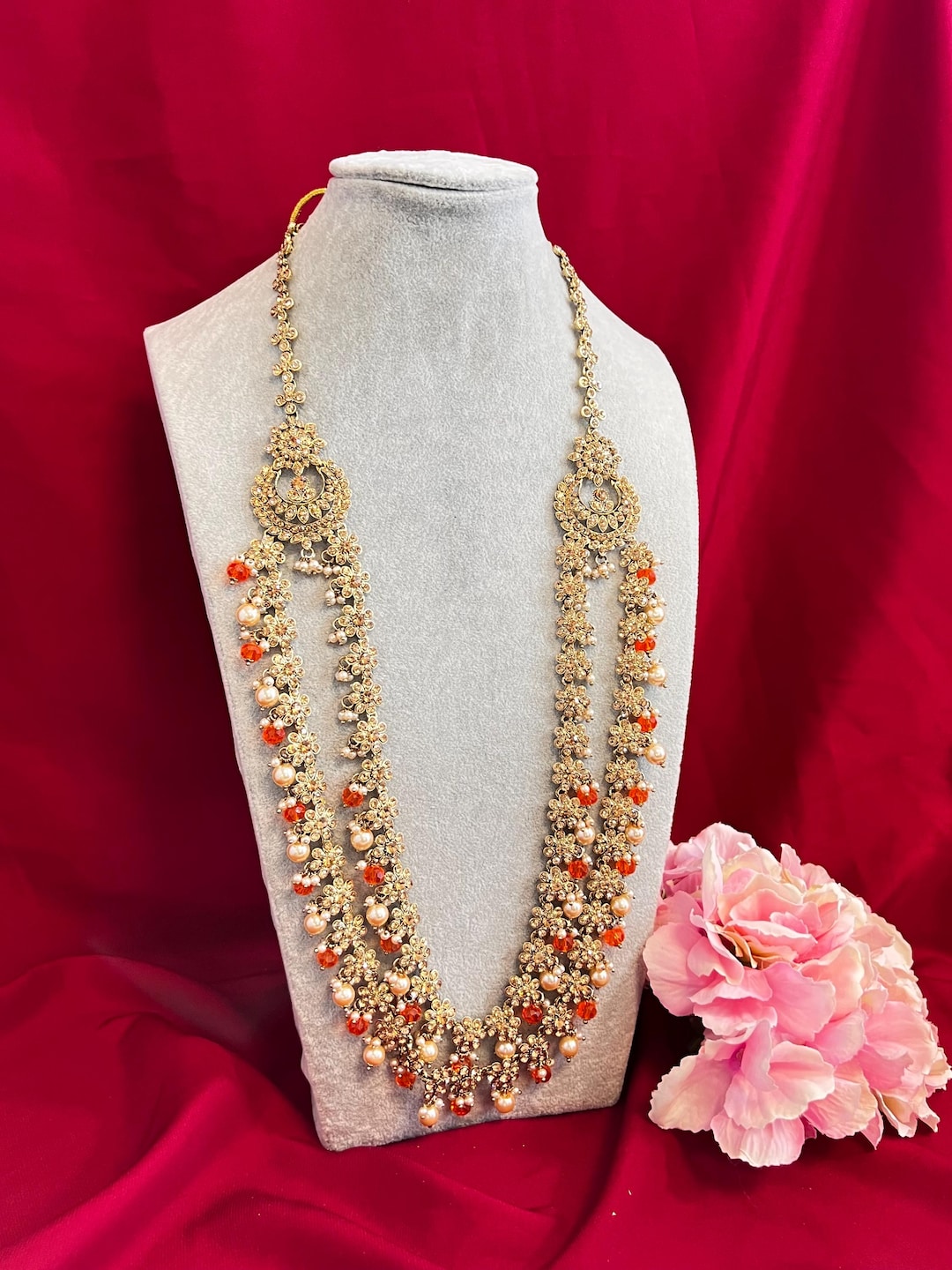 Elegant Long 2-line Mala – Golden Crystals With Orange Beads (14-inch ...