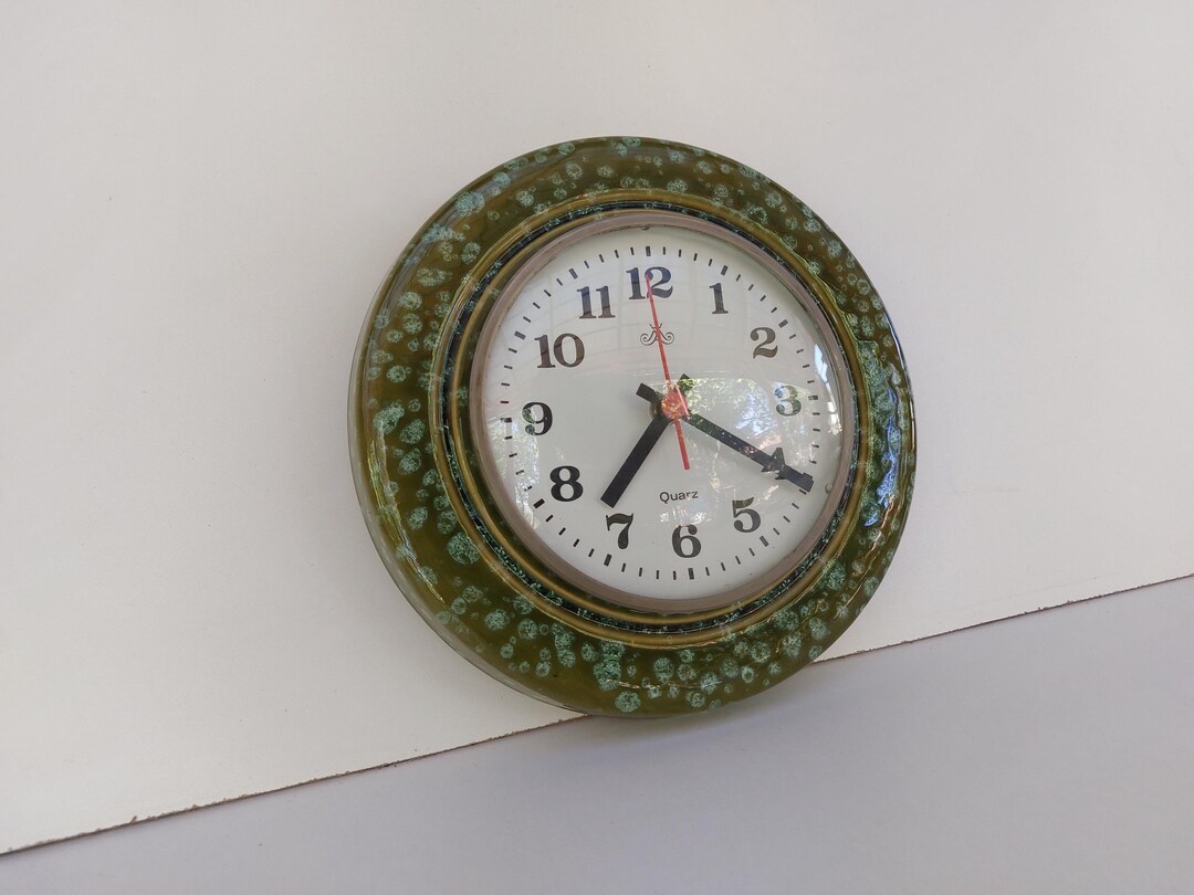 Round Clock, Vintage Green Clock, Ceramic Clock, Retro Clock, Made in ...