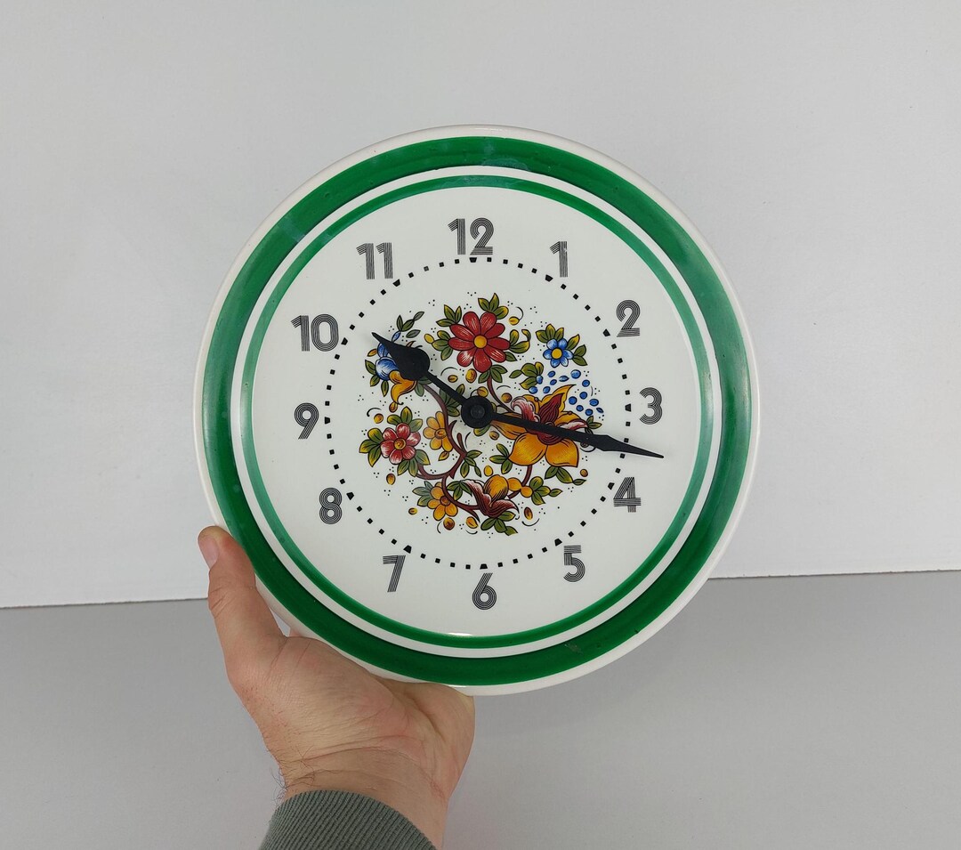 Plate Clock, Green and White Clock, Ceramic Plate Clock, Kitchen Clock ...