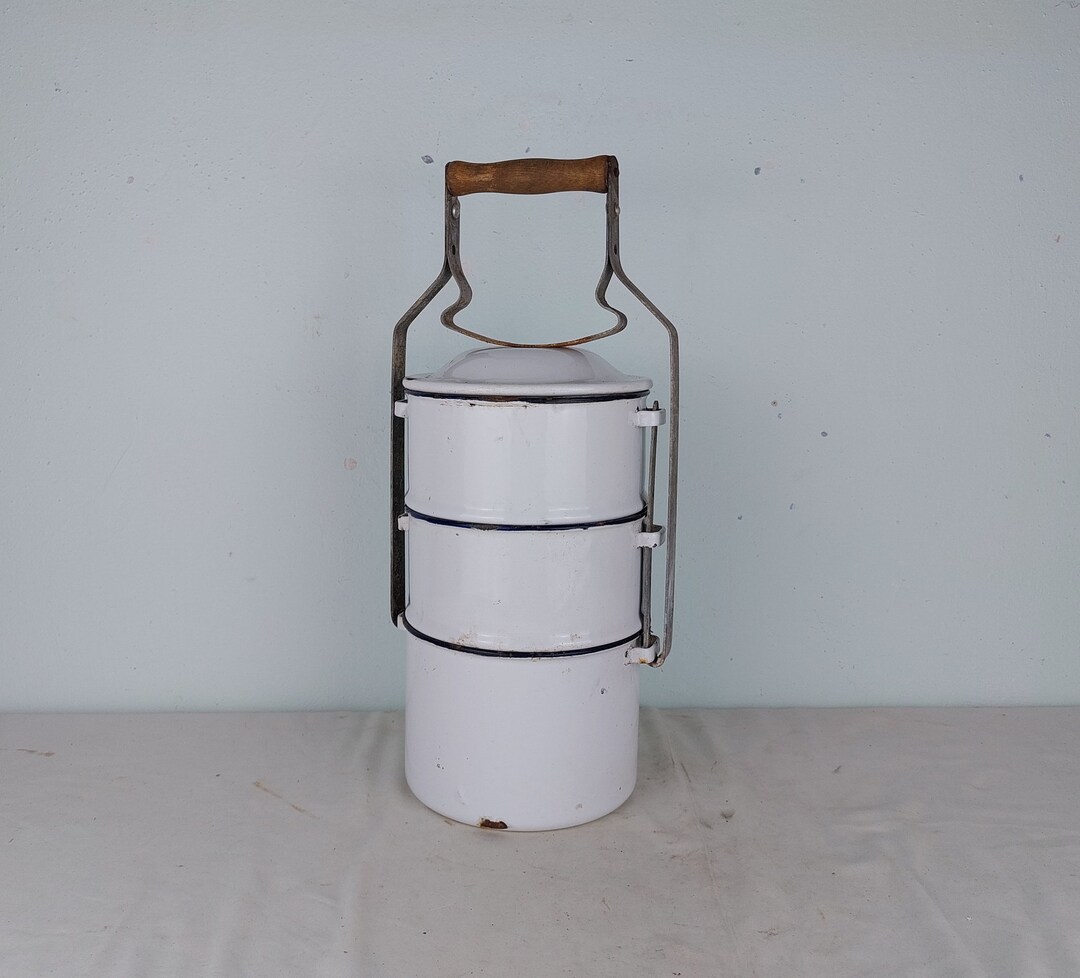 Set of 3 Vintage Enamel Food Containers, Metal Camping Cooking Set ...