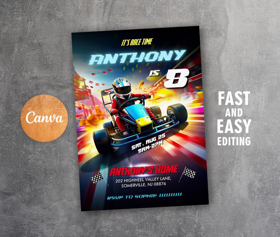 Go Kart Birthday Invitation, Go-kart Party, Karting Pilot Birthday ...