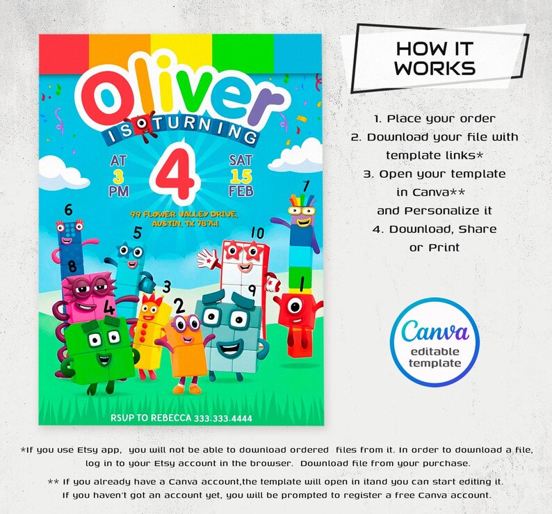 Numberblocks Birthday Invitation, Printable Party Invite (editable in ...