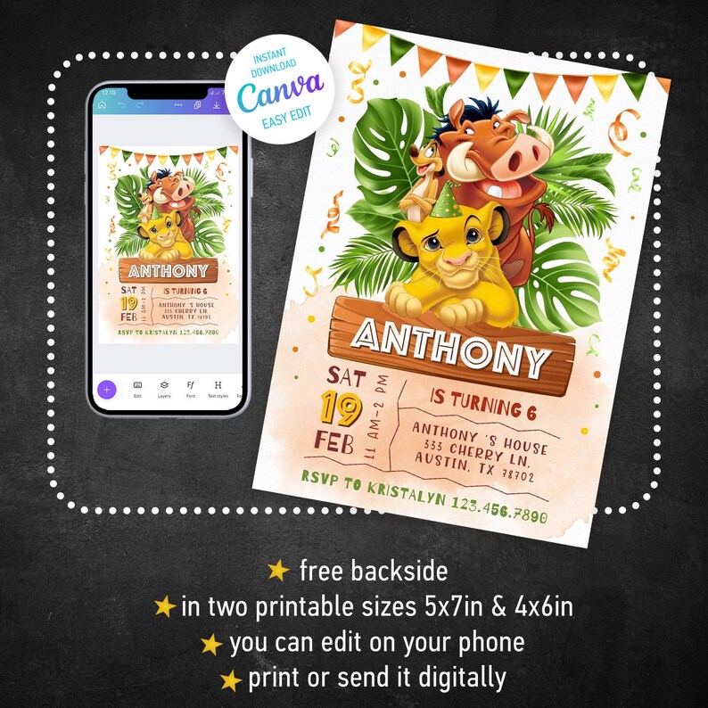 Lion King Printable Birthday Invitation, Simba Birthday Invite, Safari ...