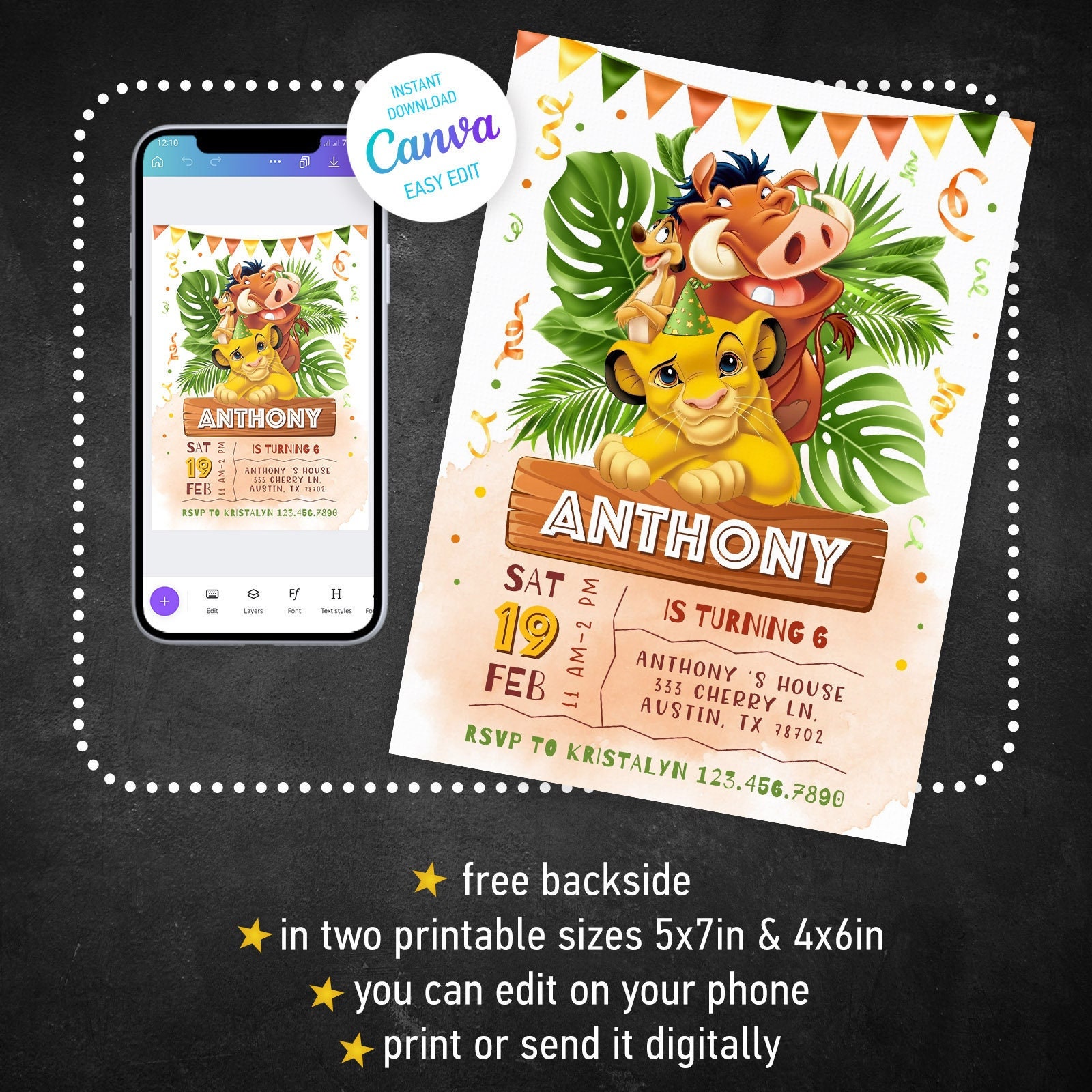 Lion King Printable Birthday Invitation, Simba Birthday Invite, Safari ...