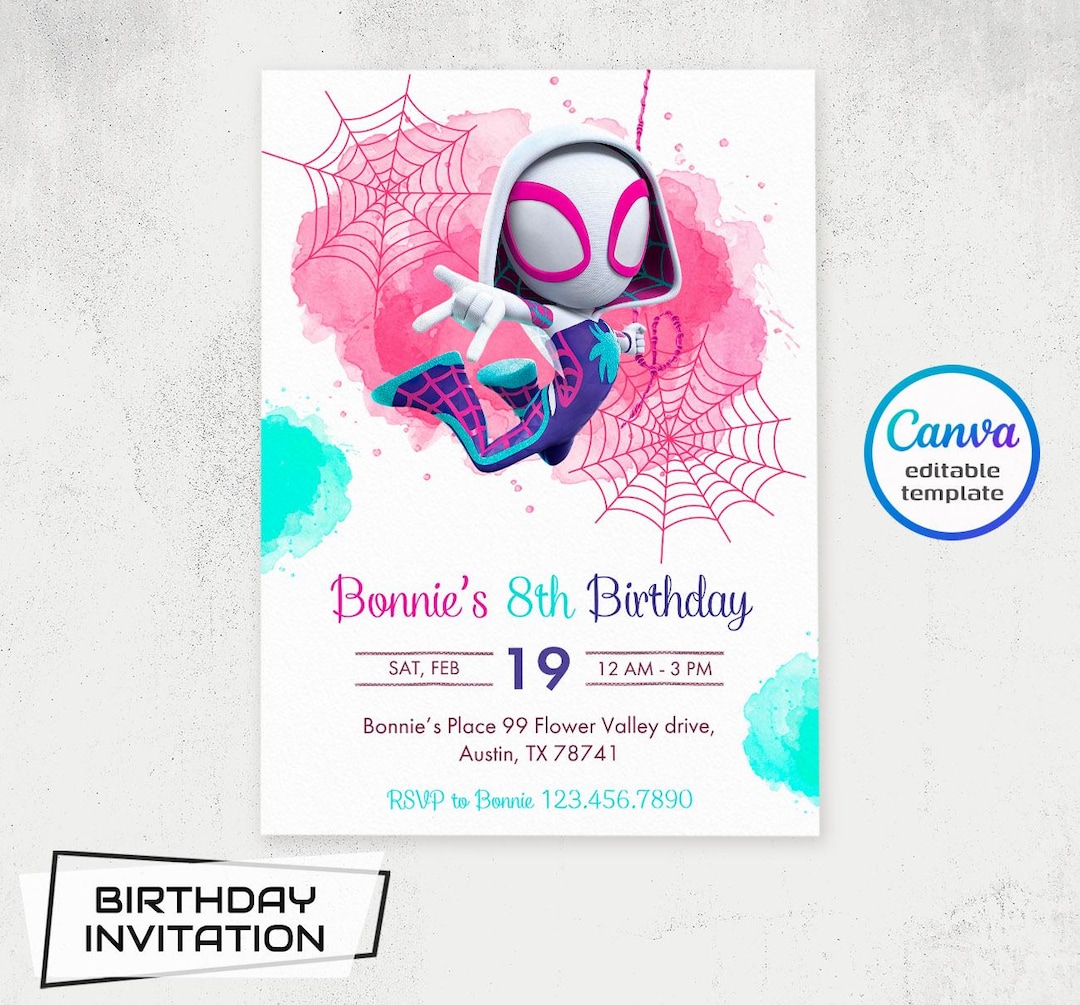 Ghost Spider Birthday Invitation, Spidey Gwen Party (editable Canva ...