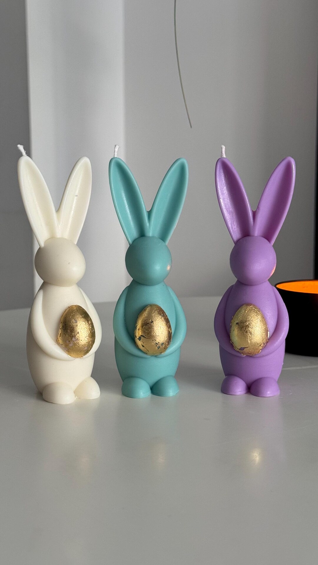 Set of 3 Easter Bunny Candles With Golden Egg - Handmade Decorative Wax ...