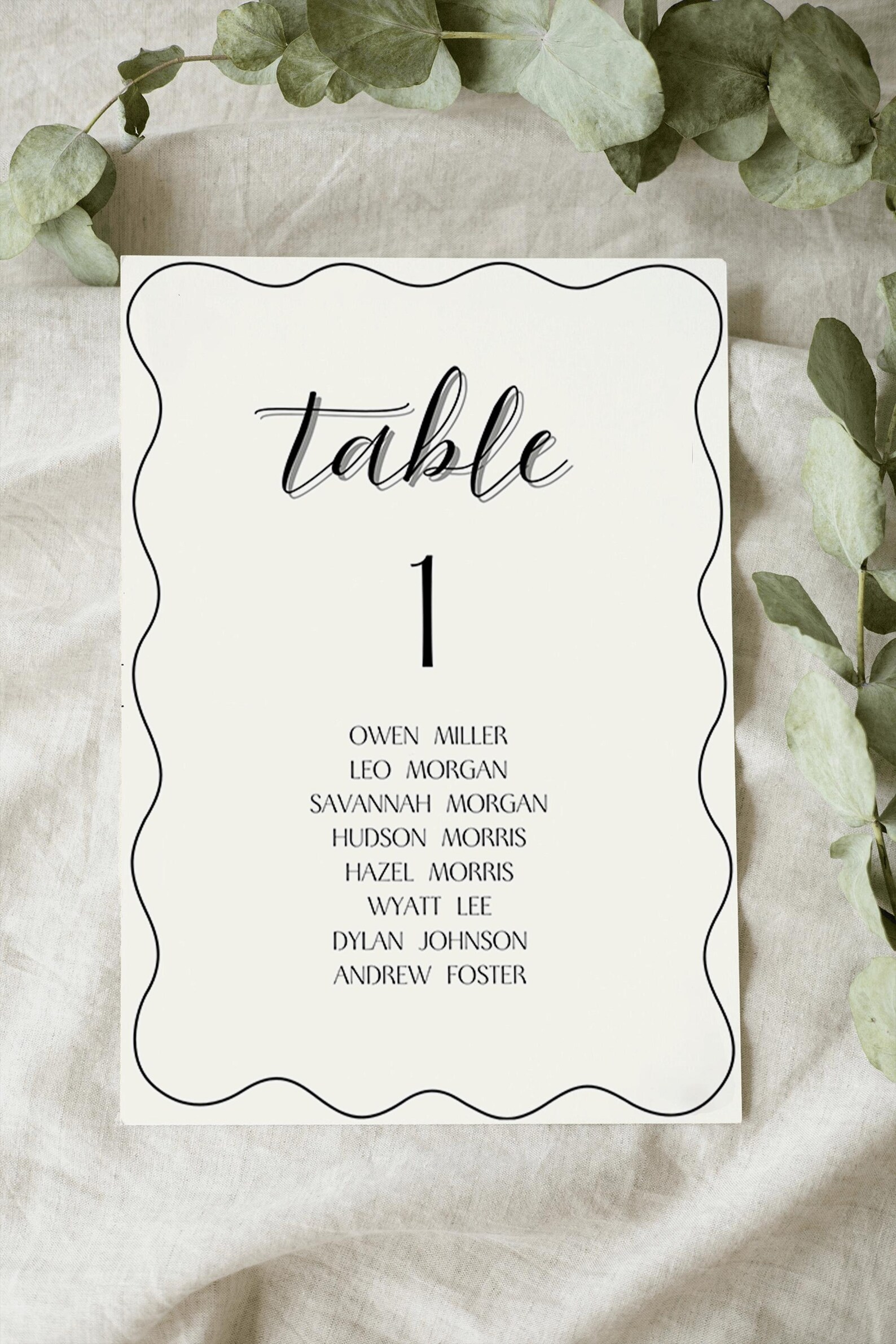 Wavy Wedding Seating Cards Template, Wedding Table Chart, Minimalist ...