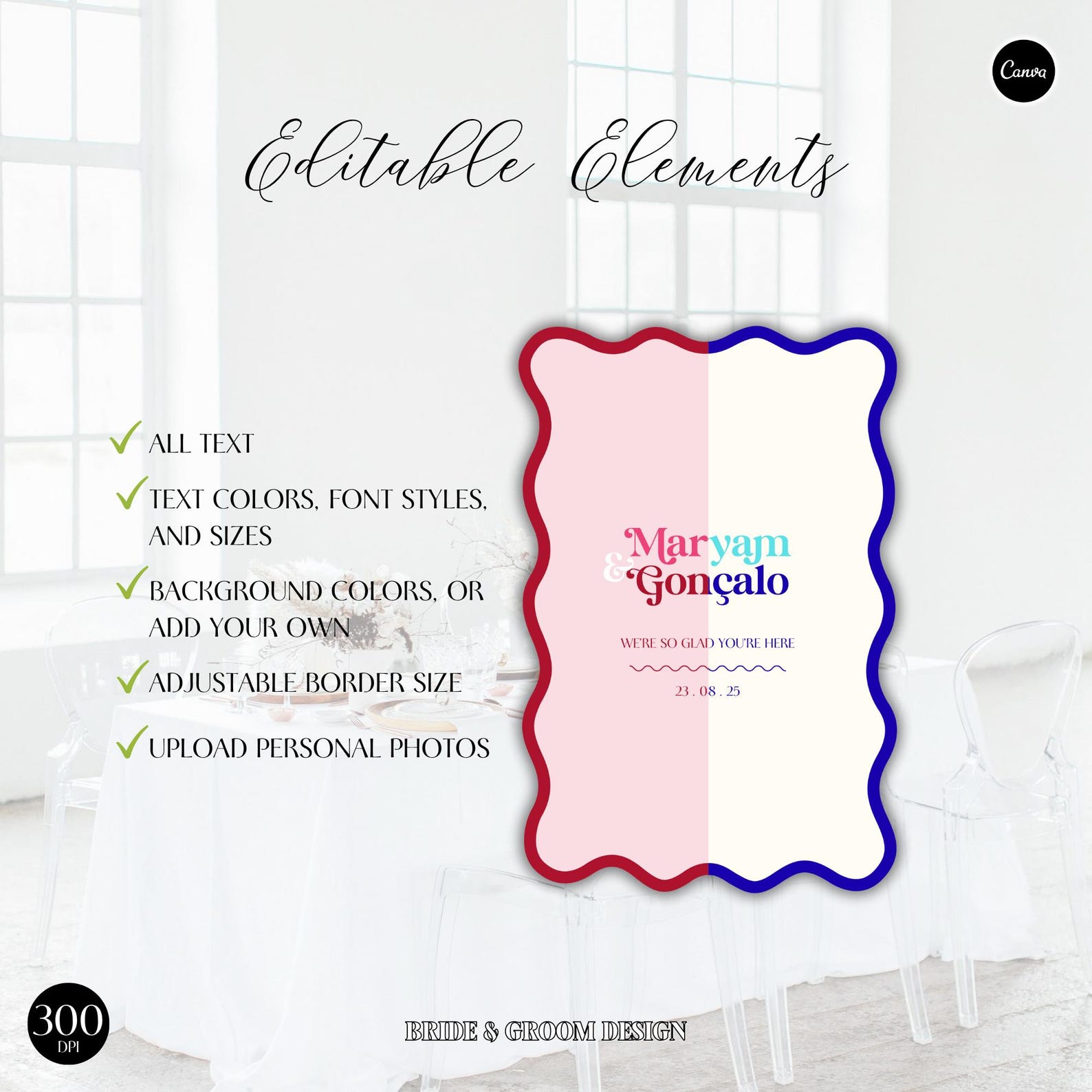 Editable Scalloped Wedding Welcome Sign Template, Pink & Red Wavy ...