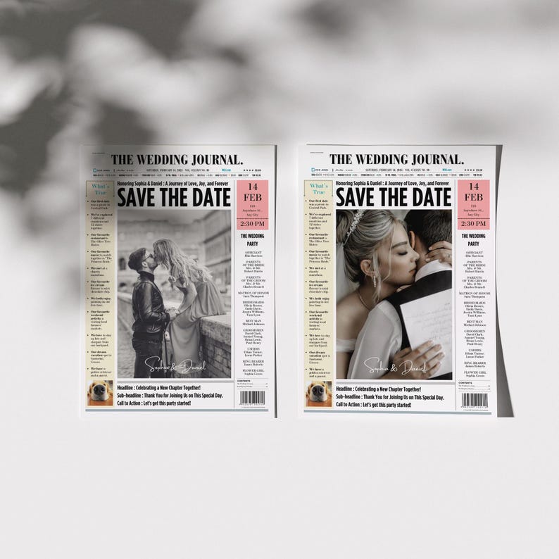 Canva Newspaper Save the Date Template, Unique Wedding Signs, Black and ...