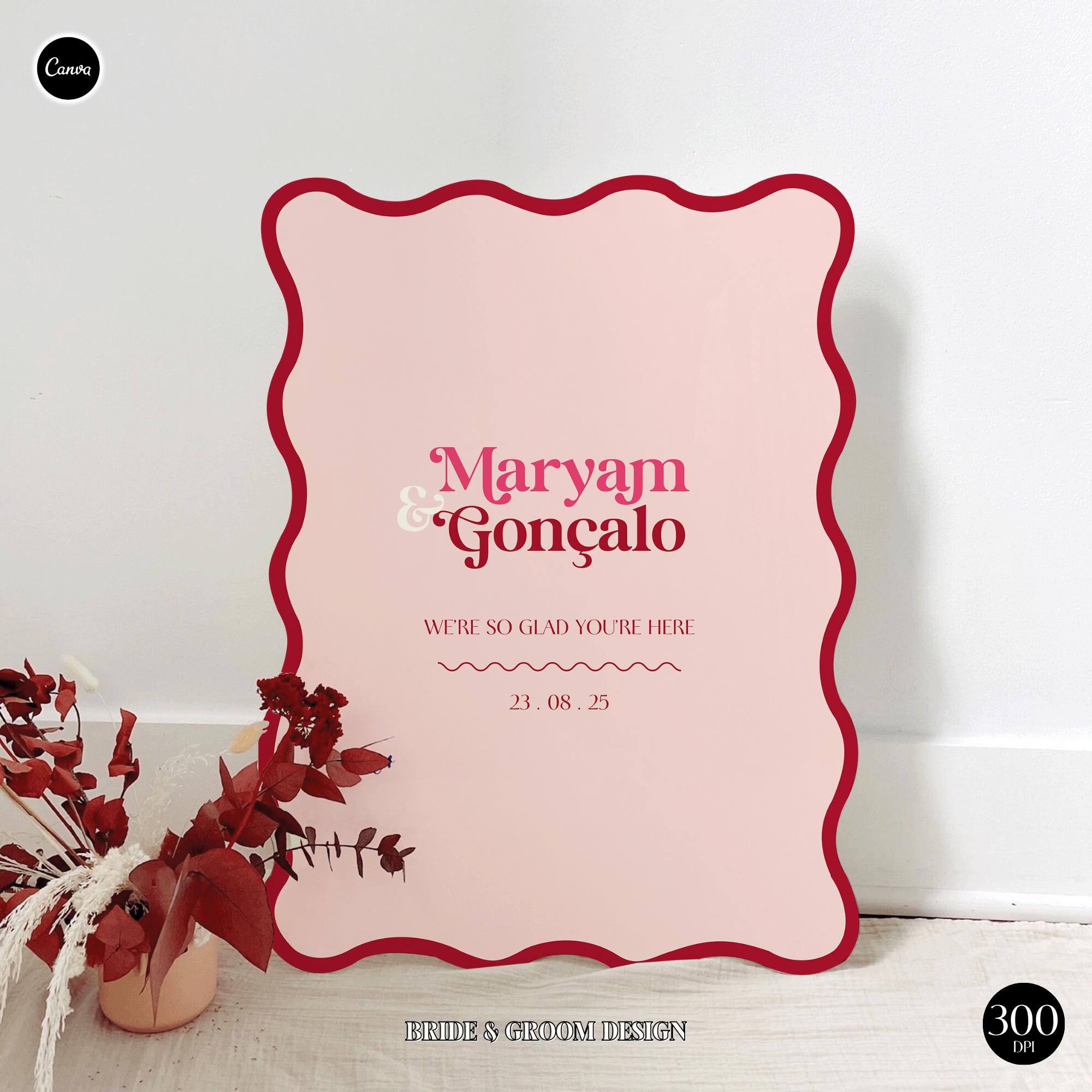 Editable Scalloped Wedding Welcome Sign Template, Pink & Red Wavy ...