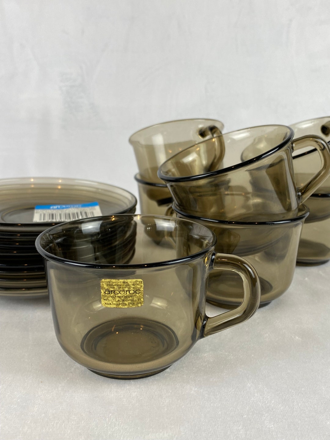 Vintage Arcoroc Smoked Glass Dinnerware Set 32 Pieces With Original ...