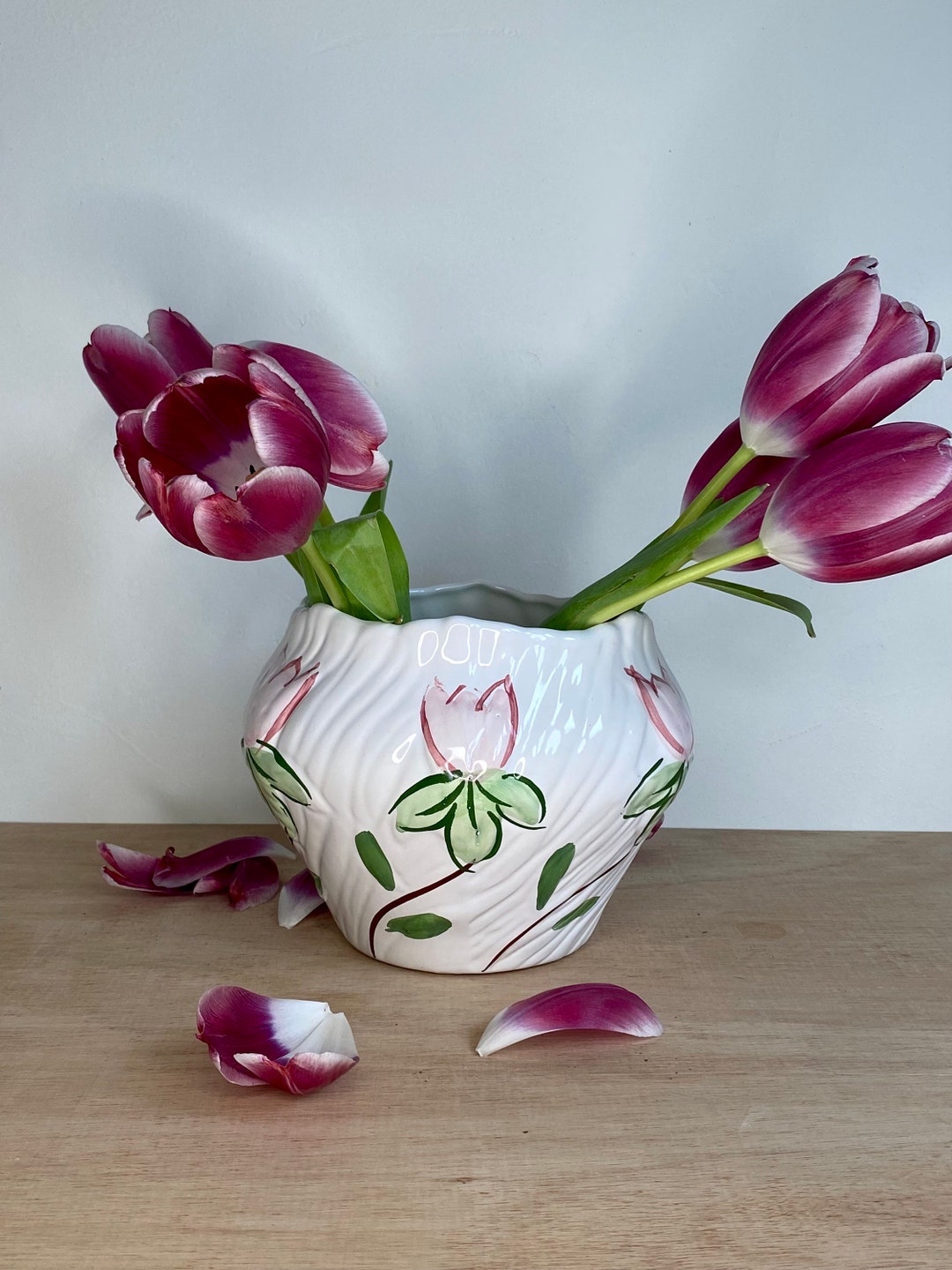 Vintage Ceramic Vase – Hand-painted Pink Tulips – Fluted White Glaze ...